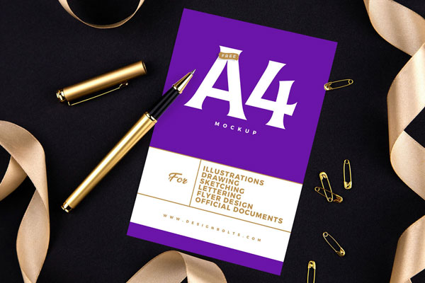 A4 Portrait Flyer with Pen and Safety Pins Around Mockup Free Download ...