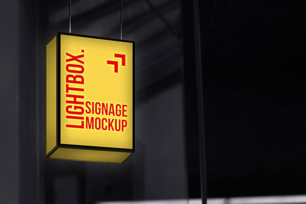 Mockup of a Hanging Lightbox Sign at Night Free Download | Resource Boy