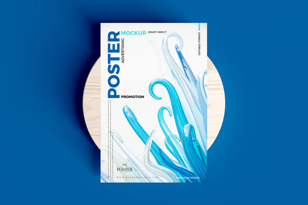 Overhead View of Poster Placing on Round Wooden Object Mockup Free ...