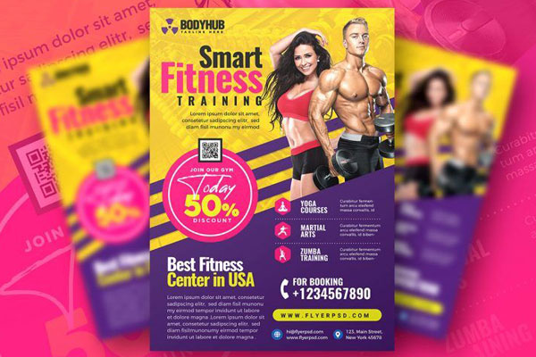 Purple and Yellow Gym and Fitness Promotion Flyer Template Free ...