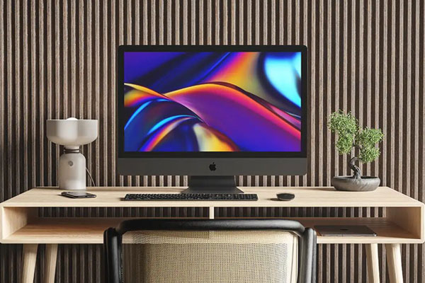 Mockup Featuring iMac Pro on a Table with Bonsai Tree and Striped Wall ...