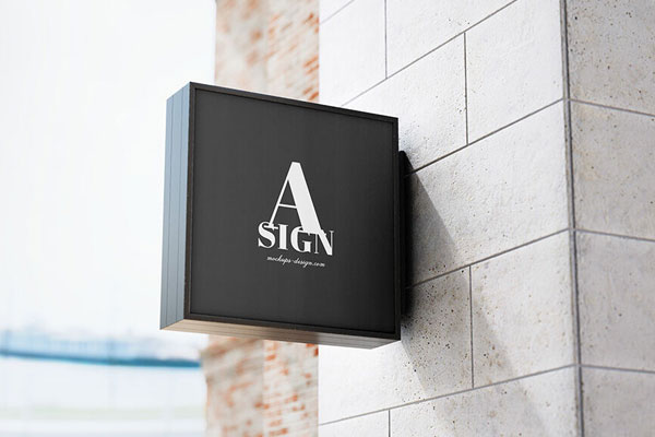 Square Signage Mockup Put in on Concrete Wall in Half-Side View Free ...