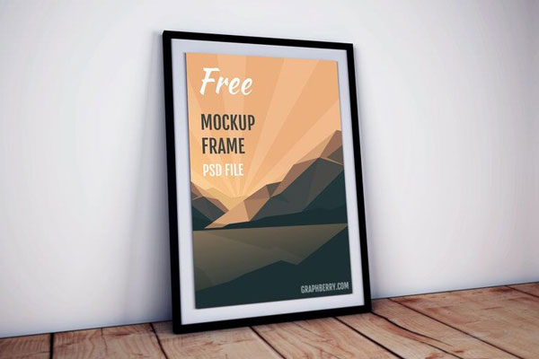Side View of Poster Frame against Wall on Wooden Texture Mockup Free ...