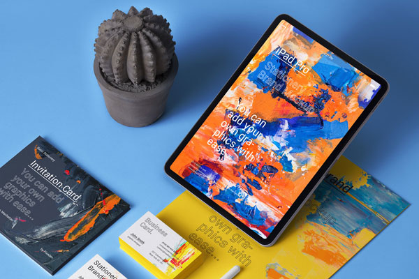 Stationery Mockup of Tablet, Business Cards, Invitation Card, A4 Poster ...