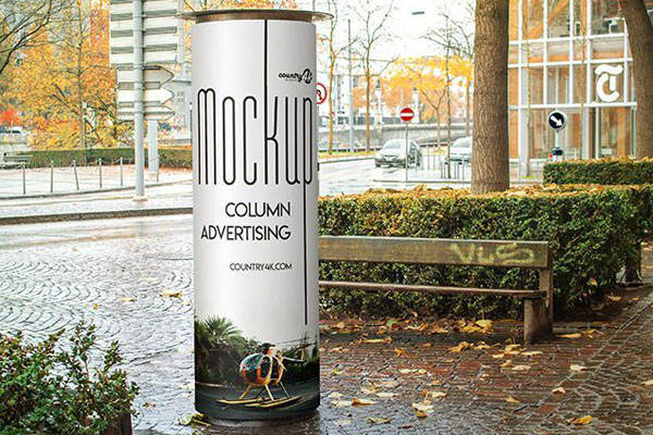 Front View Advertising Column on Pavement in Autumn Setting Mockup Free ...
