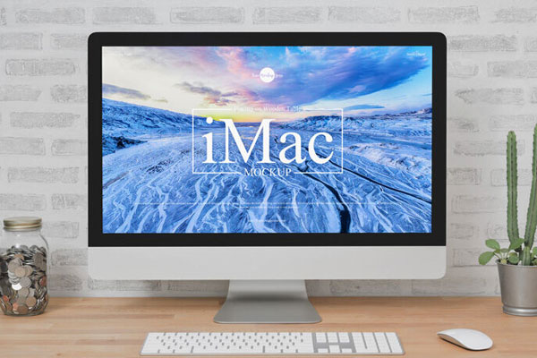 Front View iMac on Wooden Table Mockup Free Download | Resource Boy