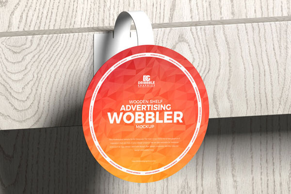 Half-Side View, Round Shelf Wobbler Attached to Wooden Shelf Mockup ...