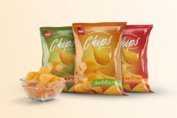 Three Vertical Chips Bags Packaging with a Bowl Mockup Free Download ...