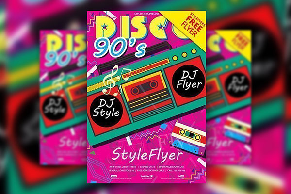 Colorful Illustrative 90's Disco Party Flyer Template Free Download ...