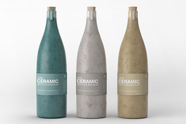 Front View of 3 Ceramic Bottles Mockup Free Download | Resource Boy