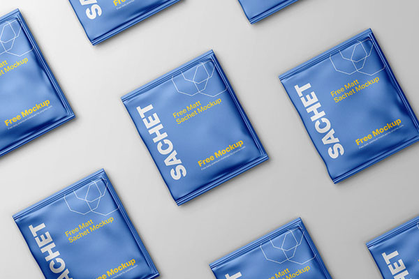 Top View of Grid Matt Sachet Packaging Mockup Free Download | Resource Boy