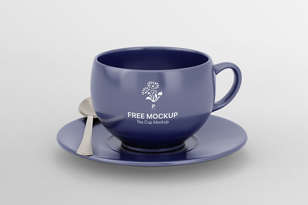 Front View of Tea Cup Mockup Featuring Saucer and Silver Spoon Free ...