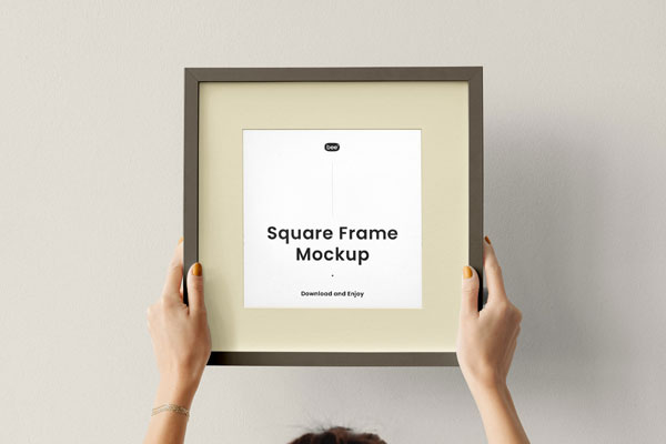 Facing View of Square Frame Mockup in Hands Free Download | Resource Boy
