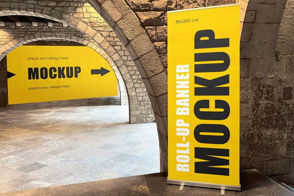 Facing Sight of Horizontal Banner with Roll Up Banner Mockup Free ...