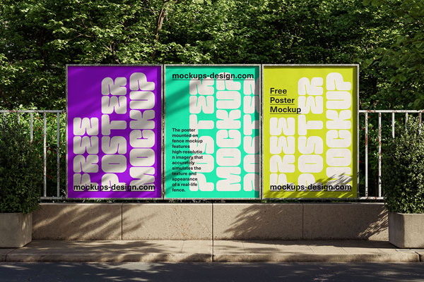 3 Shots of Posters Mockup on Fence Free Download | Resource Boy