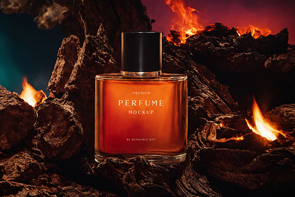 Luxury Perfume Mockup on Fiery Rocks Free Download | Resource Boy