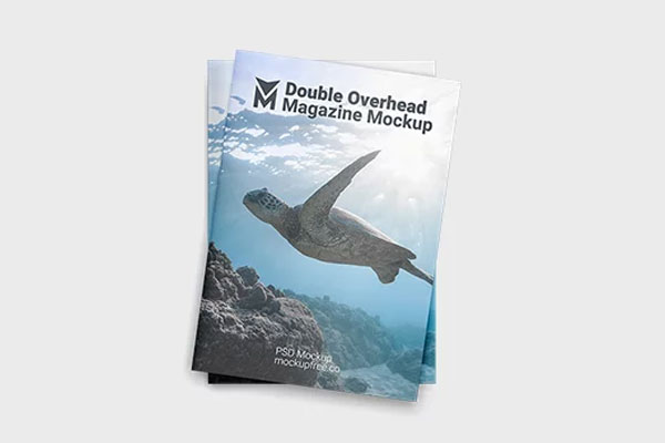 3 Shots of Double Overhead Magazine Mockup Free Download | Resource Boy